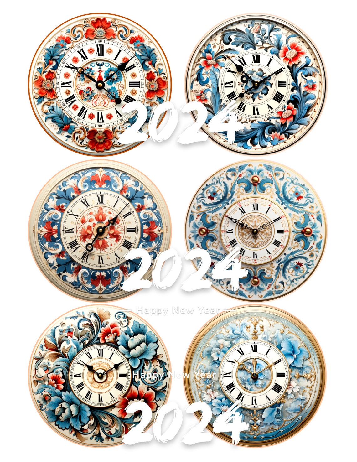 12 Folk Art Clock Faces, 3,2 Inch Circles, Digital Collage Clock Face ...