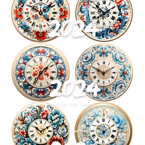12 Folk Art Clock Faces, 3,2 Inch Circles, Digital Collage Clock Face ...