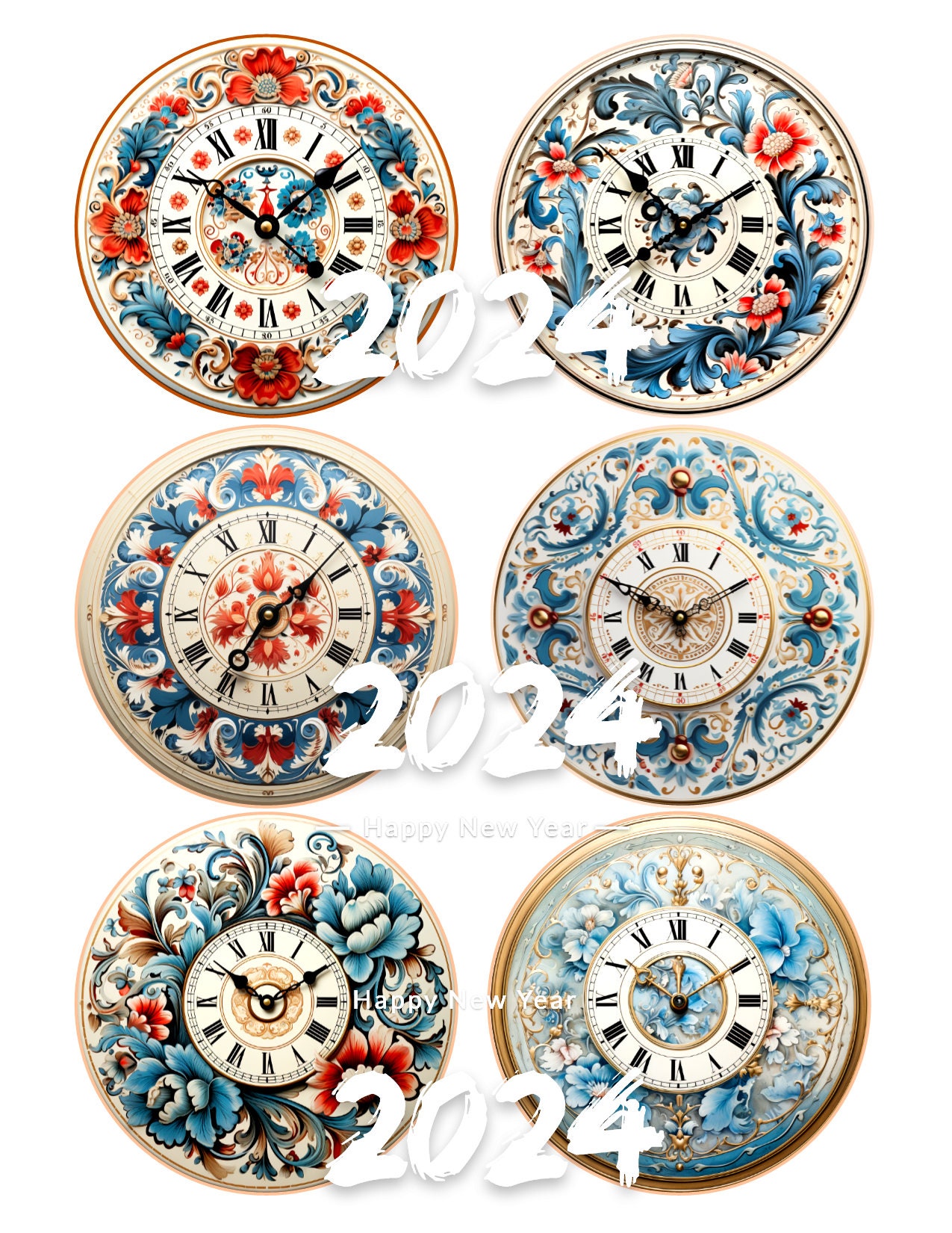 12 Folk Art Clock Faces, 3,2 Inch Circles, Digital Collage Clock Face ...