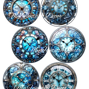 12 PNG Fairy Blue Clock Faces, 3,2 Inch Circles, Digital Collage Sheet ...