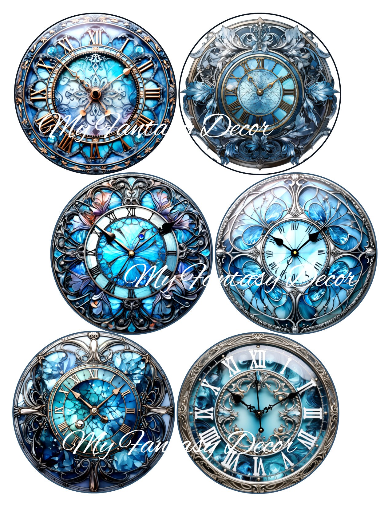 12 PNG Fairy Blue Clock Faces, 3,2 Inch Circles, Digital Collage Sheet ...