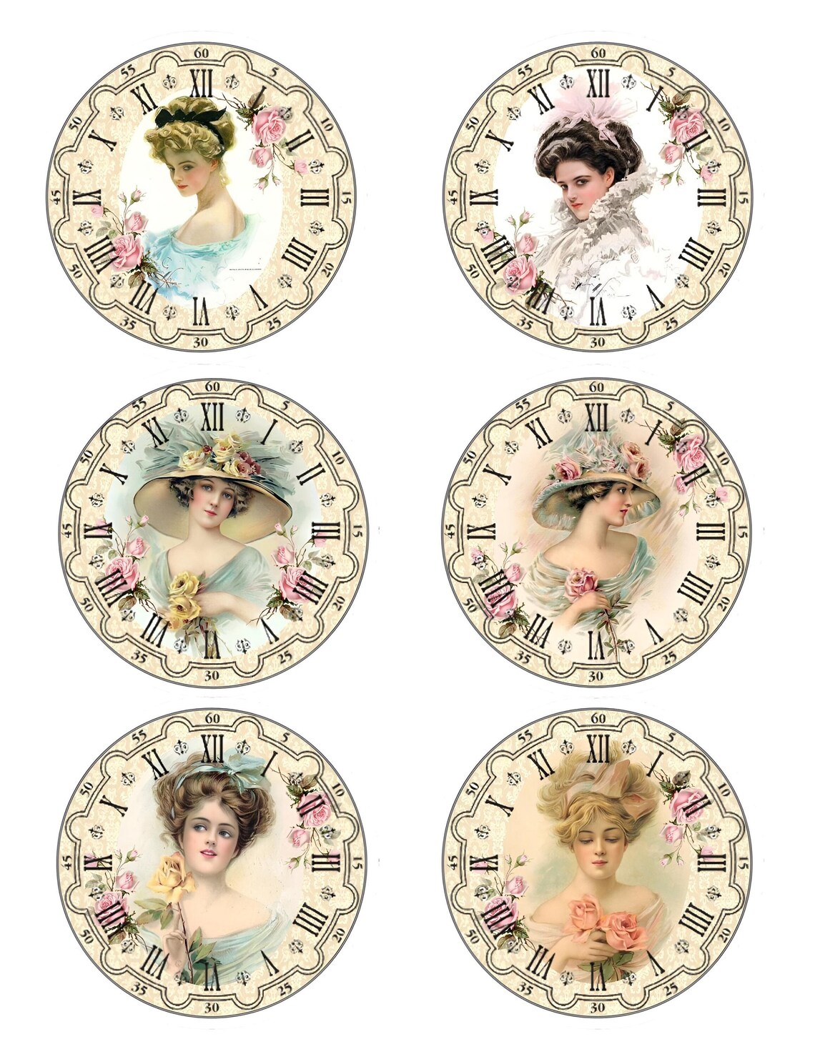 12 Vintage Clocks Ladies Portraits Card Images. Retro Clocks Collage ...