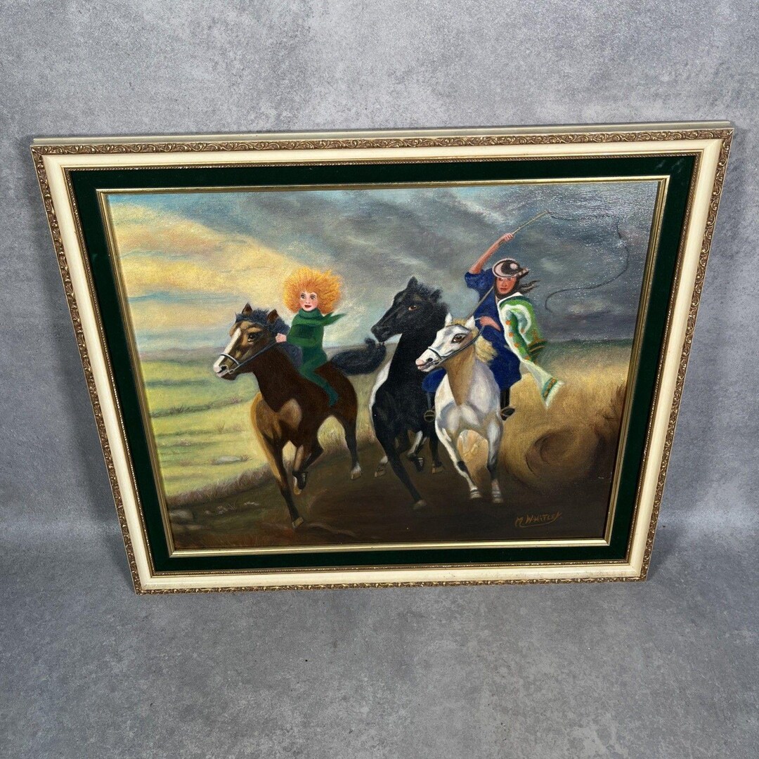 Vintage Naive Folk Art Oil Painting Horse Riding Scene Signed M Whitley ...