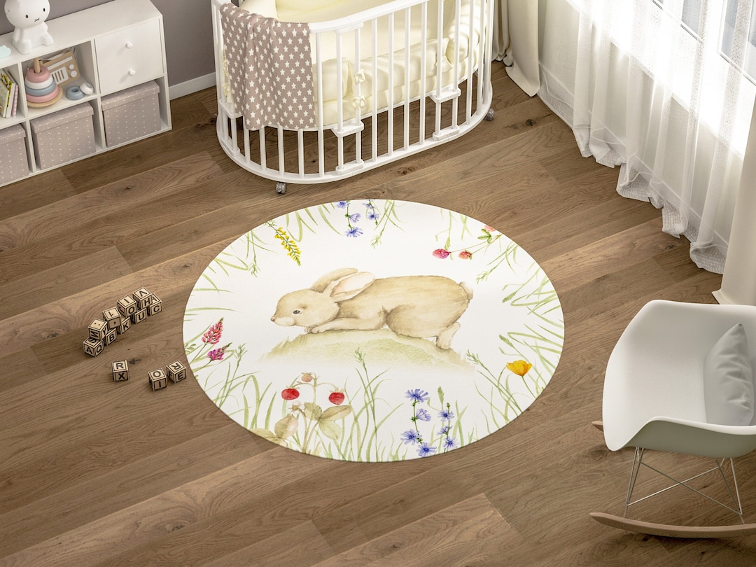 Rug Bunny and Flowers Watercolor Baby Toddler Girl Boy Unisex Room ...