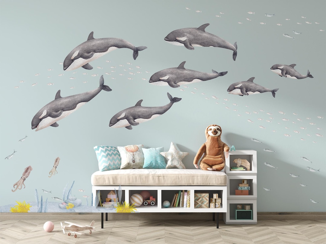 Ocean Orca Wall Decal Kids Room, Orca Wall Decal Nursery Decor, Pod of ...