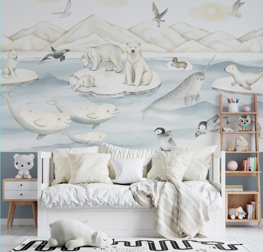 Nursery Wallpaper Arctic Animal Polar Bear Penguin Seal Narwhal Beluga ...