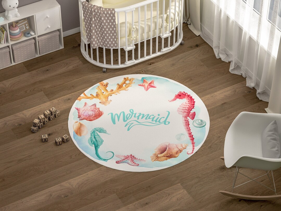 Mermaid Nursery Rug Carpet Little Girl Room Under Sea Life Play Mat ...