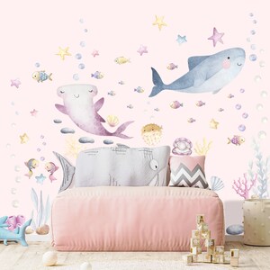 Decal Good Sharks Pastel Neutral Kids Bedroom, Watercolor Hand-drawn ...