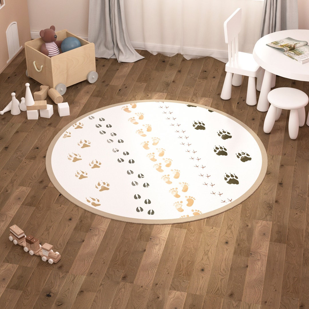 Animal Footprints Rug Kids, Little Boy Round Carpet Bedroom, Non Slip ...