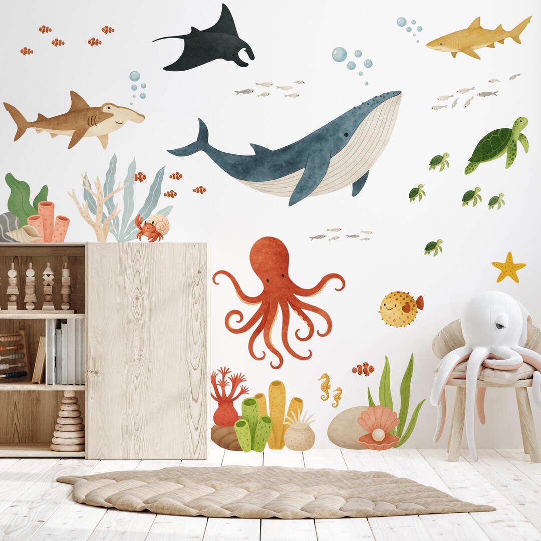Ocean Animal Wall Decals, Sea Themed Wall Stickers, Watercolor Under ...