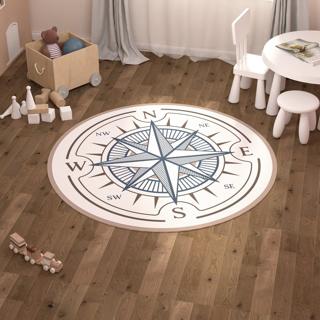 Compass Rug Kids, Nautical Themed Nursery Carpet Little Boy Room, Floor ...