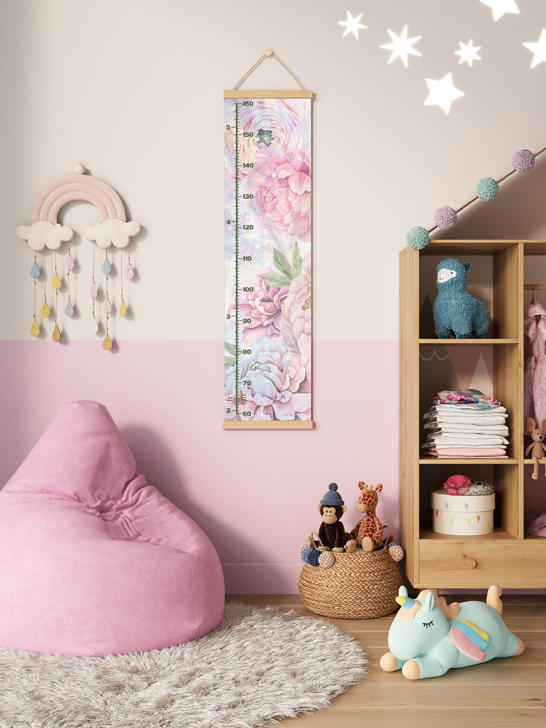 Pink Peony Height Chart Baby Girl, Personalize Watercolor Peonies ...