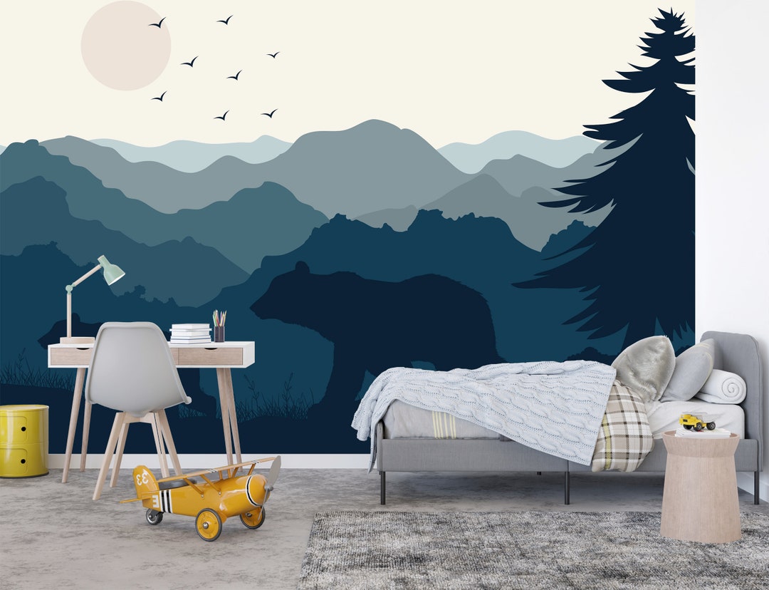 Forest Navy Blue Kids Wallpaper, Boy Room Blue Grey Wall Mural ...