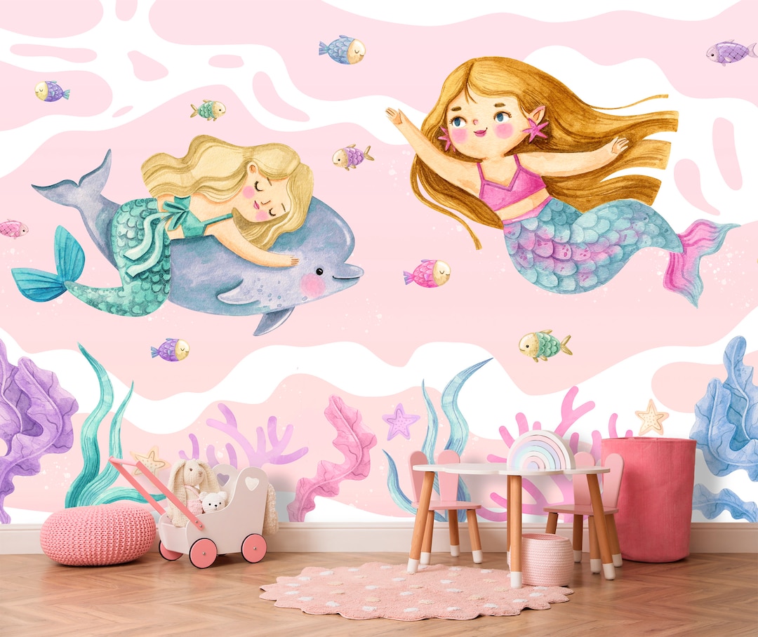 Mermaid Wallpaper, Pink Peel and Stick Wallpaper, Watercolor Nursery ...