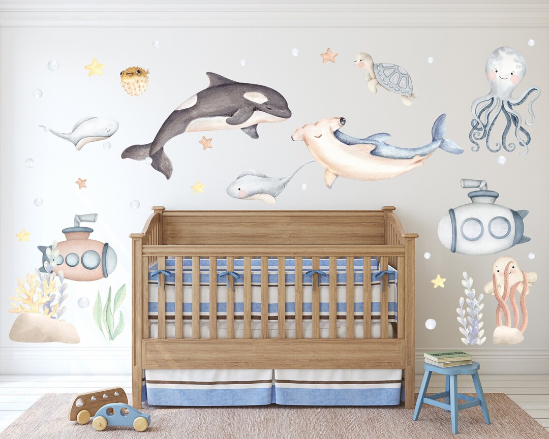 Large Decals Ocean Animals and Submarines Nautical Boy Room, Orca Shark ...