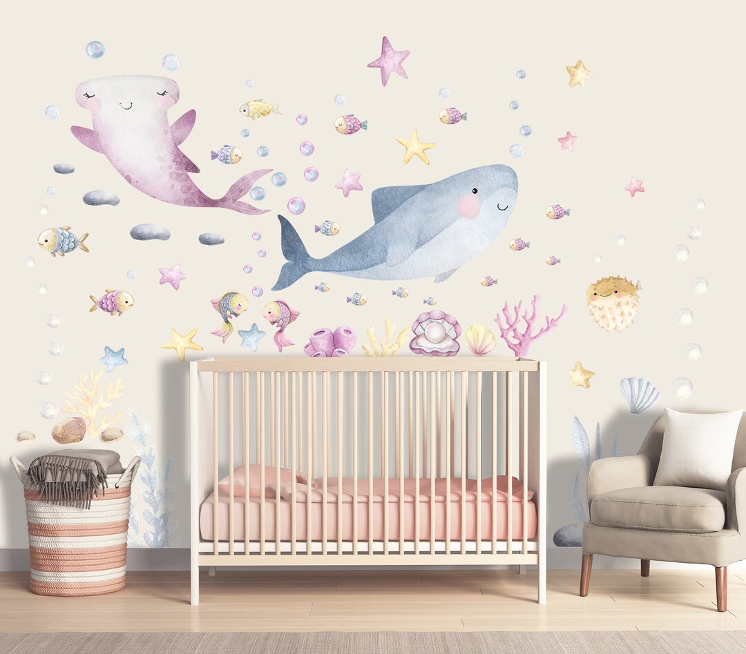 Decal Good Sharks Pastel Neutral Kids Bedroom, Watercolor Hand-drawn ...