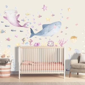 Decal Good Sharks Pastel Neutral Kids Bedroom, Watercolor Hand-drawn ...