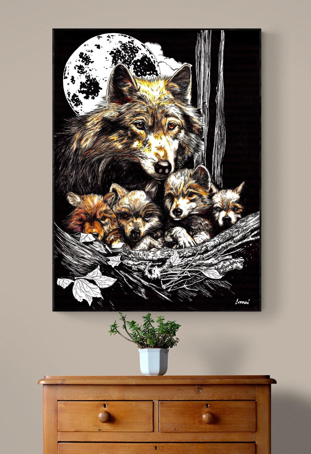 Wolf and Cubs Art Print, Wolf Wall Art, Cubs Print, Gift, Wolf Art ...