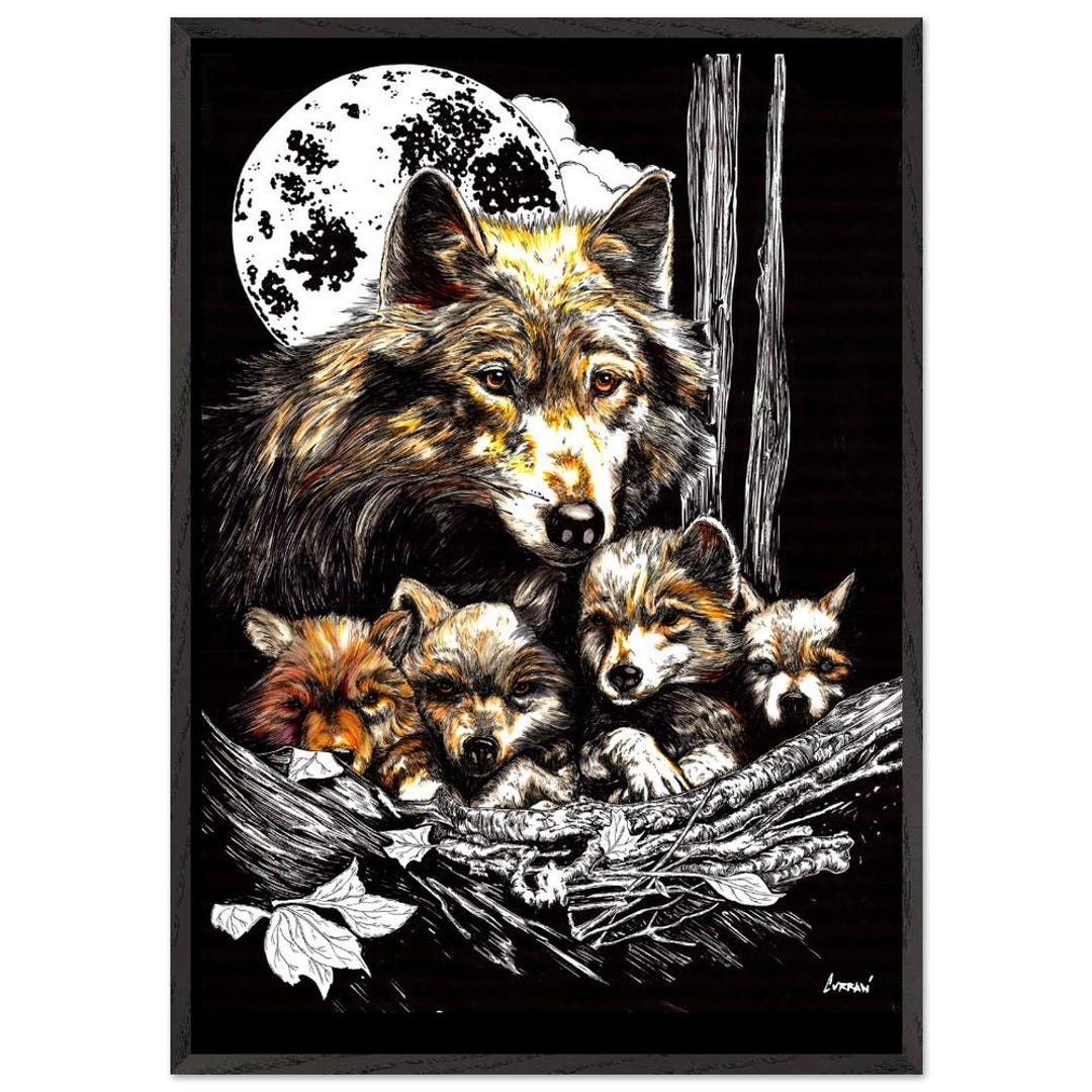 Wolf and Cubs Hand-drawn Wall Art, Original Wildlife Art Print, Nature ...