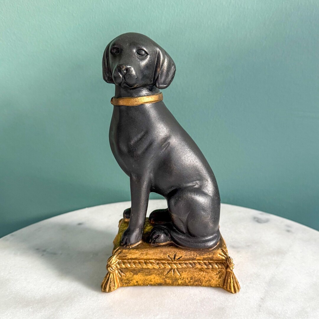 Vintage Resin Black Labrador Bookend - Dog Figurine on Gold Base ...