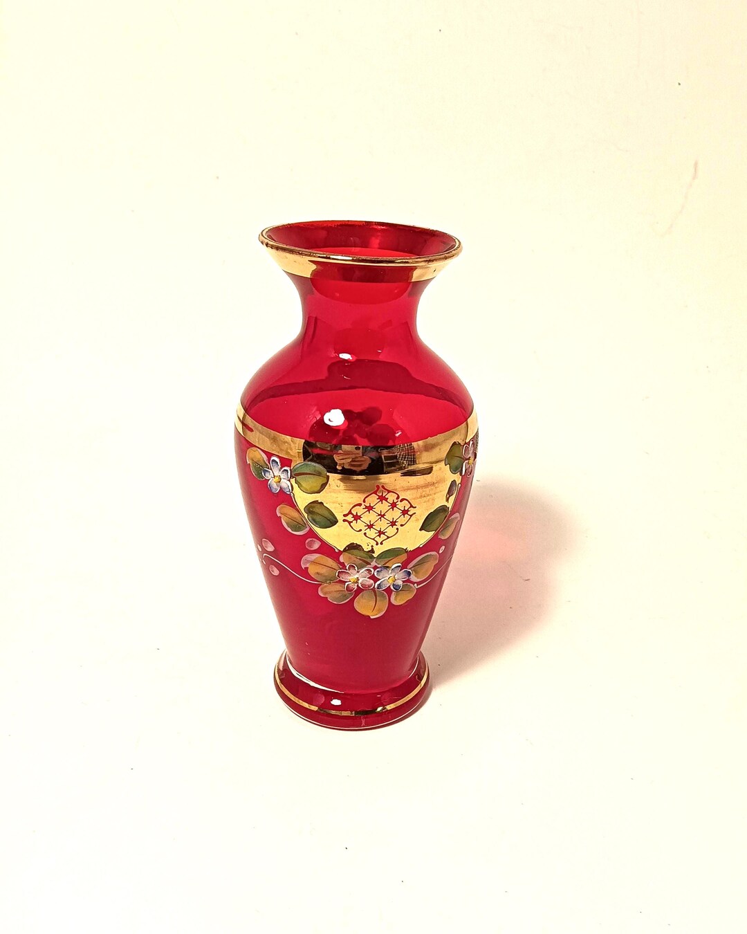 Vintage Bohemian Ruby Red Glass Vase, Hand-painted Flowers, Gold Gilt ...