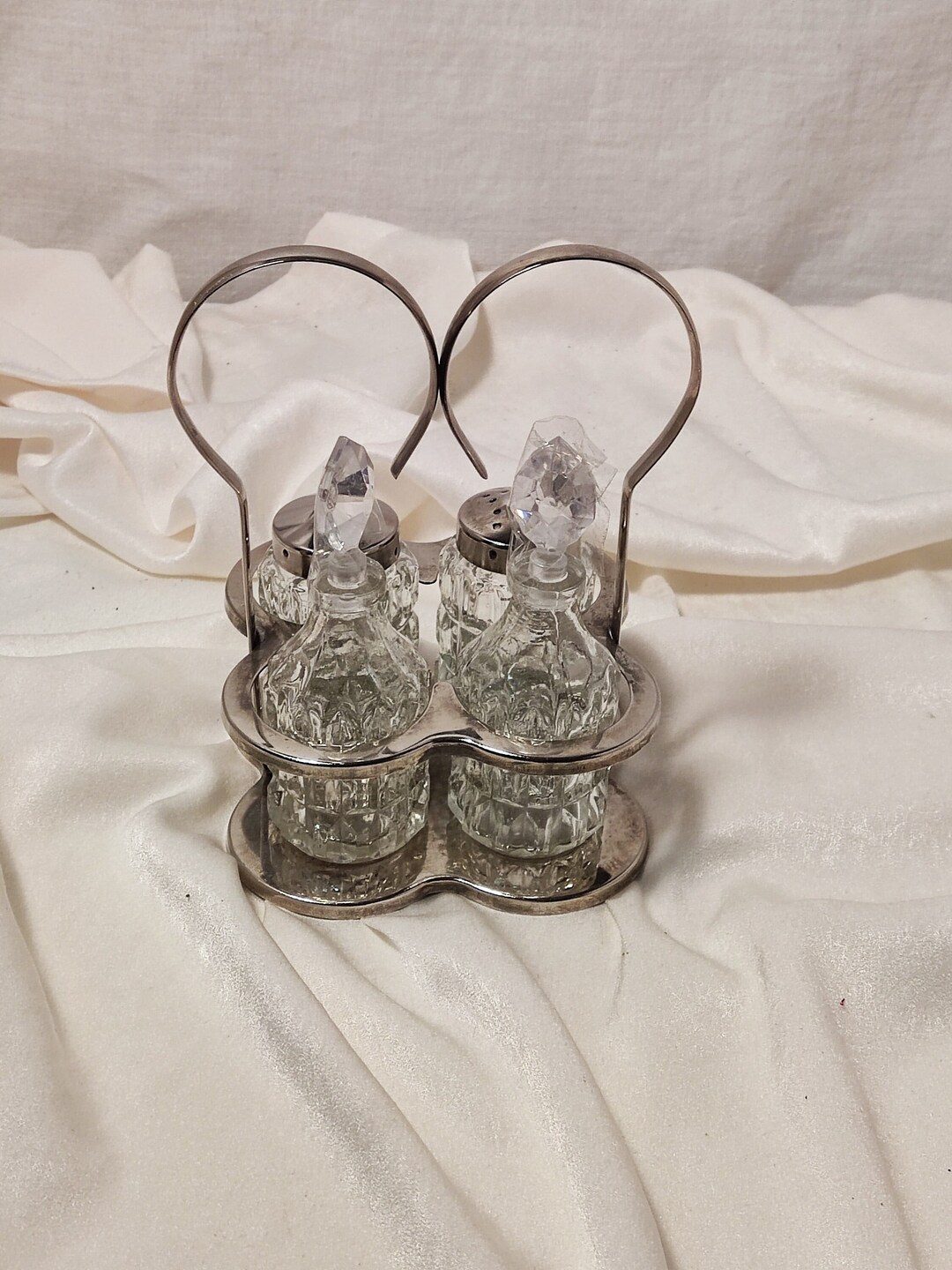 Vintage Glass Condiment Set With Silver-plated Stand: Salt, Pepper ...