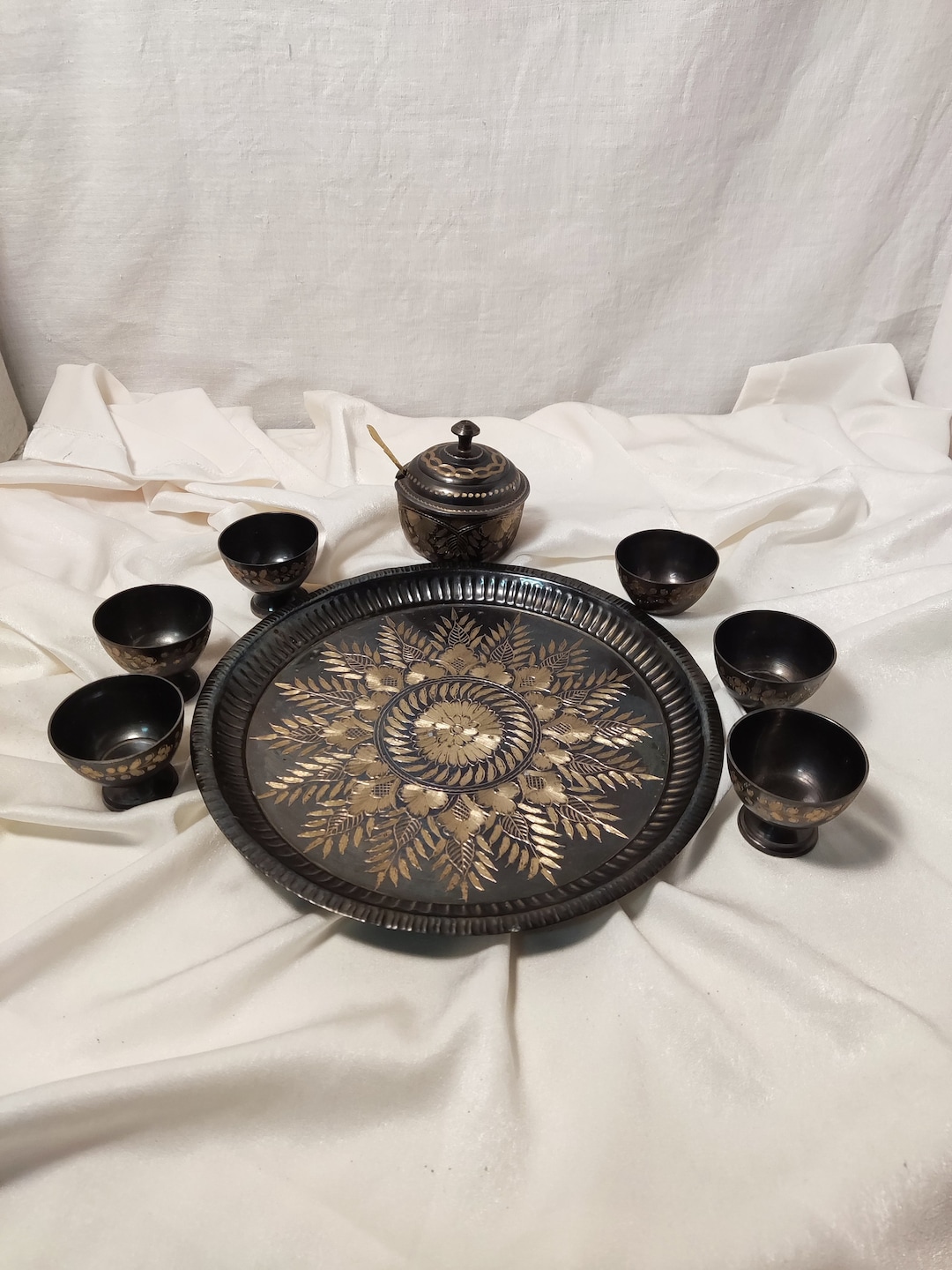 Vintage India Engraved Brass Coffee Set- Include Tray, Cups, and Sugar ...