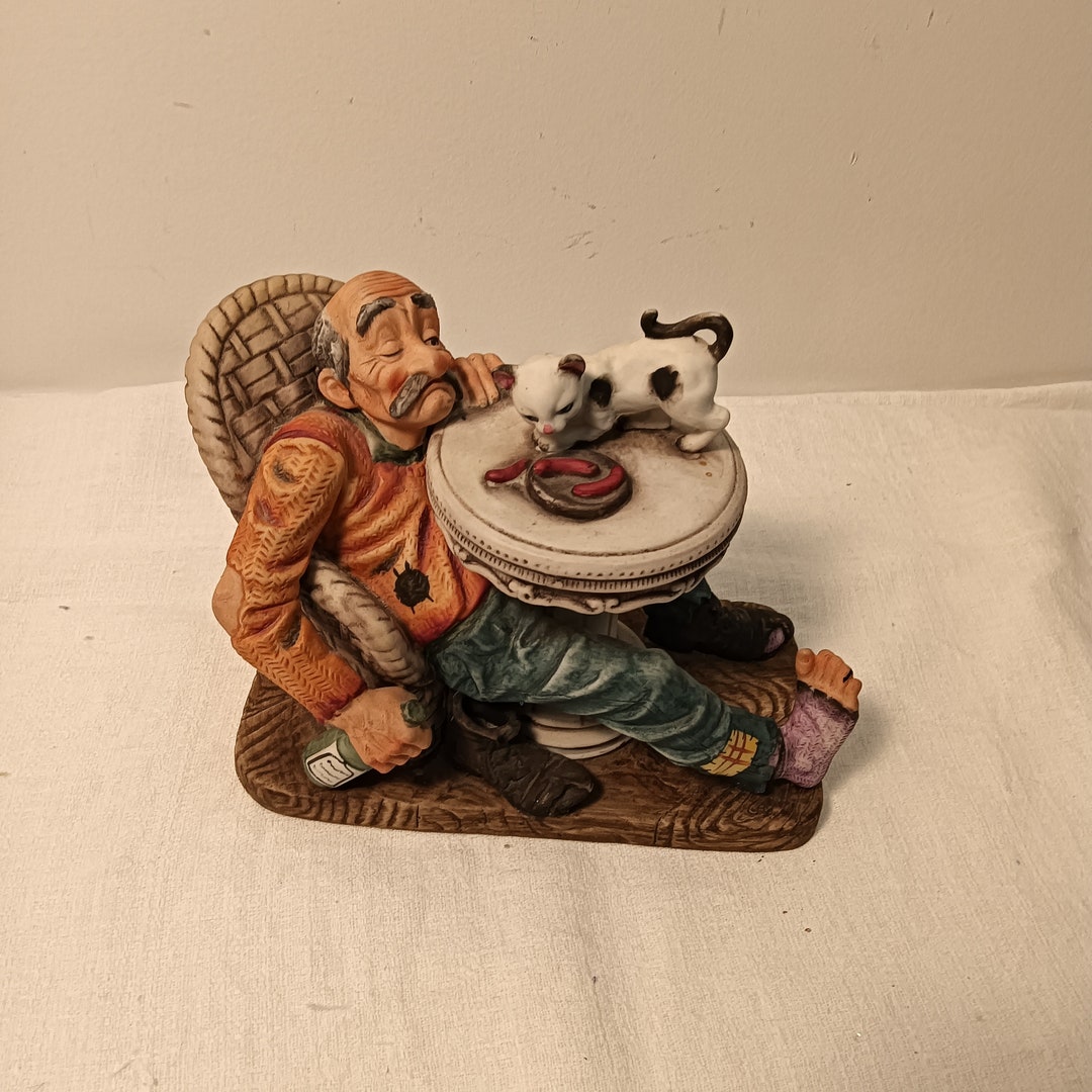 Vintage Ceramic Drunkard Figurine: Hobo Man in Chair With Cat - Unique ...