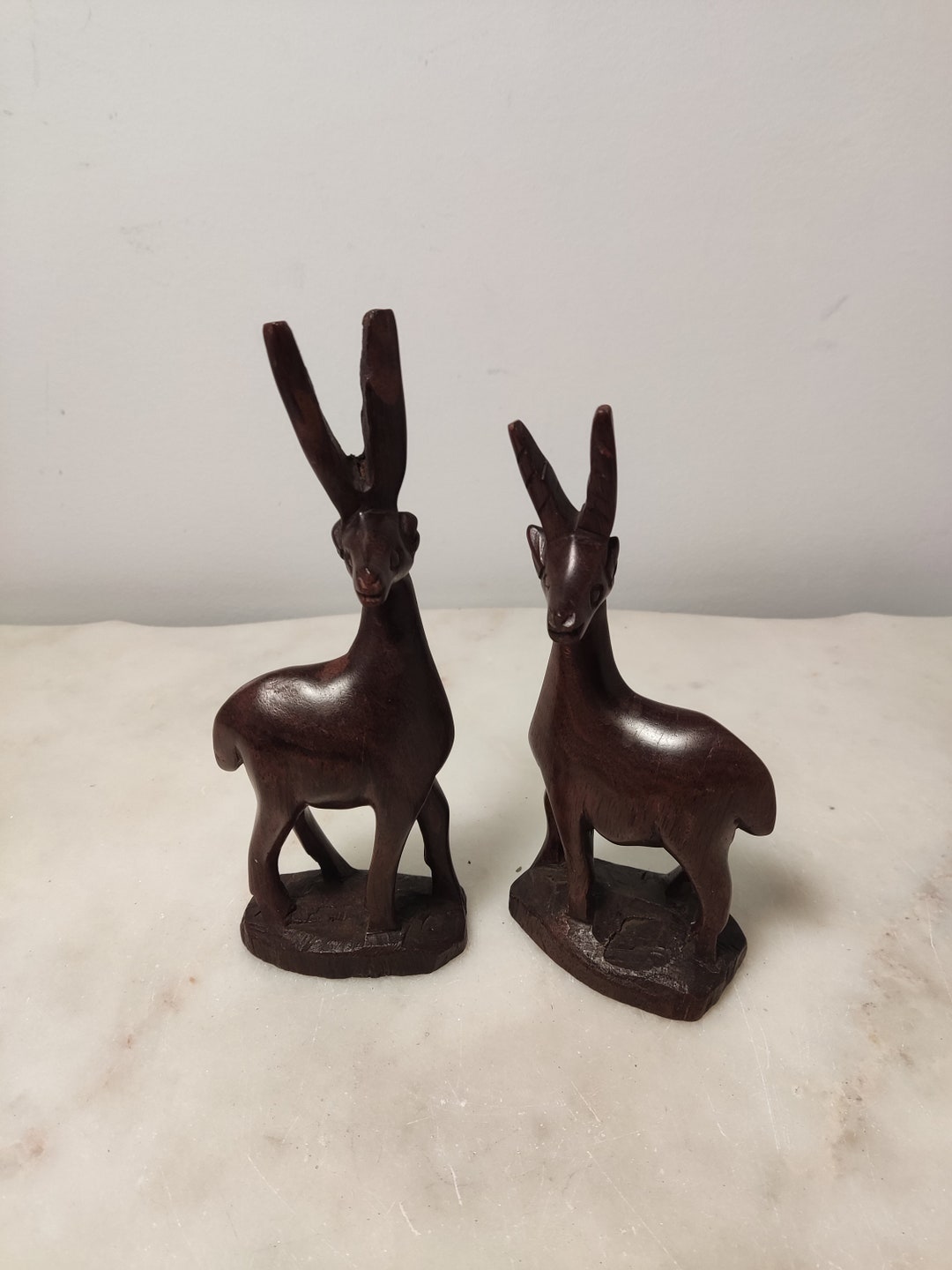 Vintage Hand-carved Solid Wood Deer Pair: Rustic Sculptures for Home ...