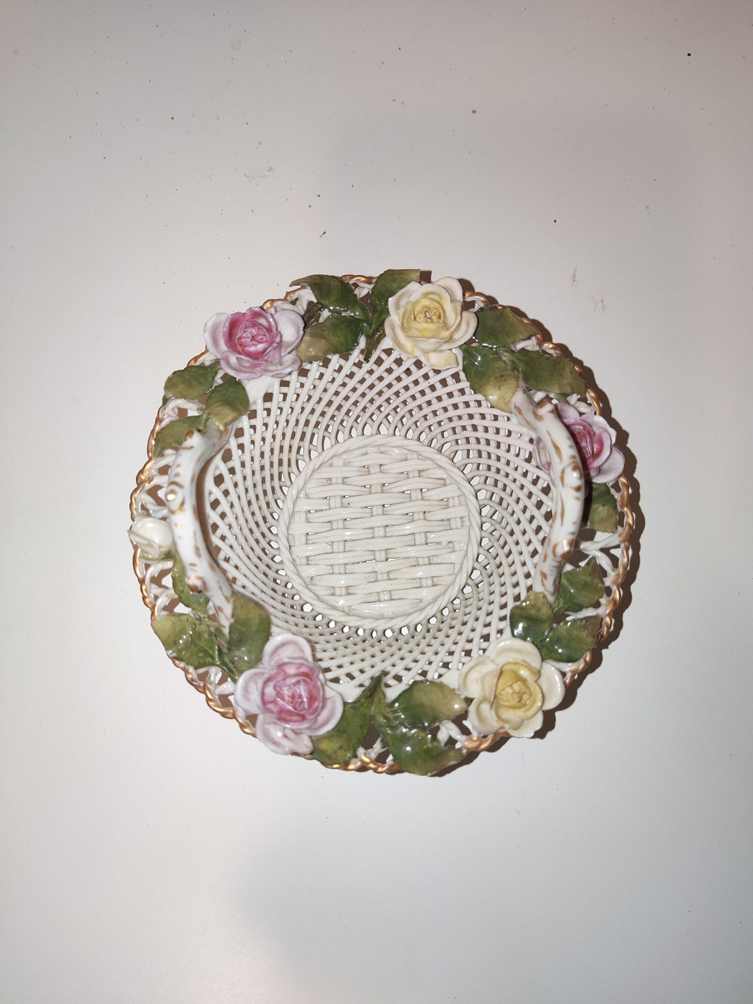 Vintage Reticulated Ceramic Basket Decorated With Flowers, Collectible ...
