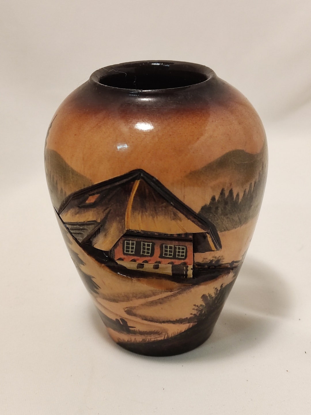 Vintage Hand-carved German Wood Vase: 3D Woodwork, Cottage, Mountain ...