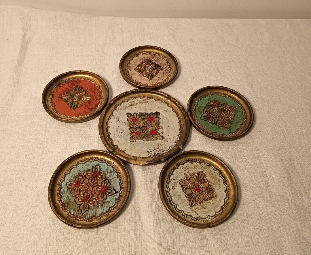 A Set of 6 Pc Vintage Gilt Wooden Coasters, Trade Mark OFM, Made in ...