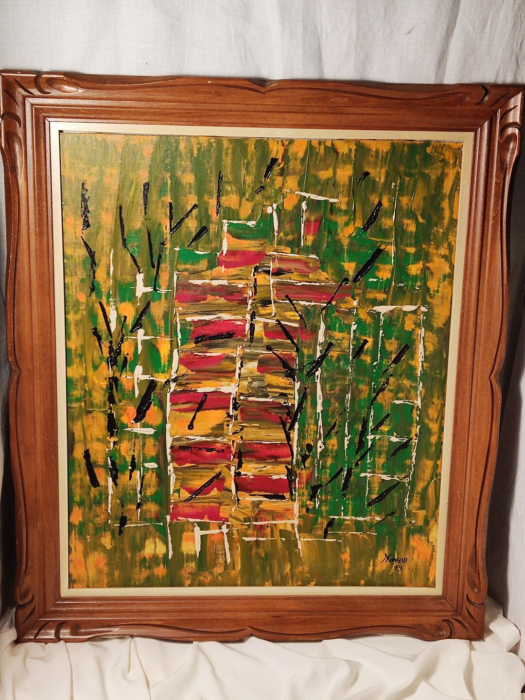 Vintage 1973 Abstract Oil Painting on Board: Hand-painted Signed ...