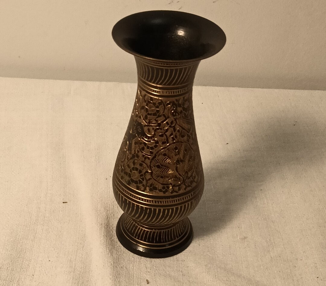 Vintage Indian Engraved Brass Bud Vase - Handmade Floral Decor, Unique ...