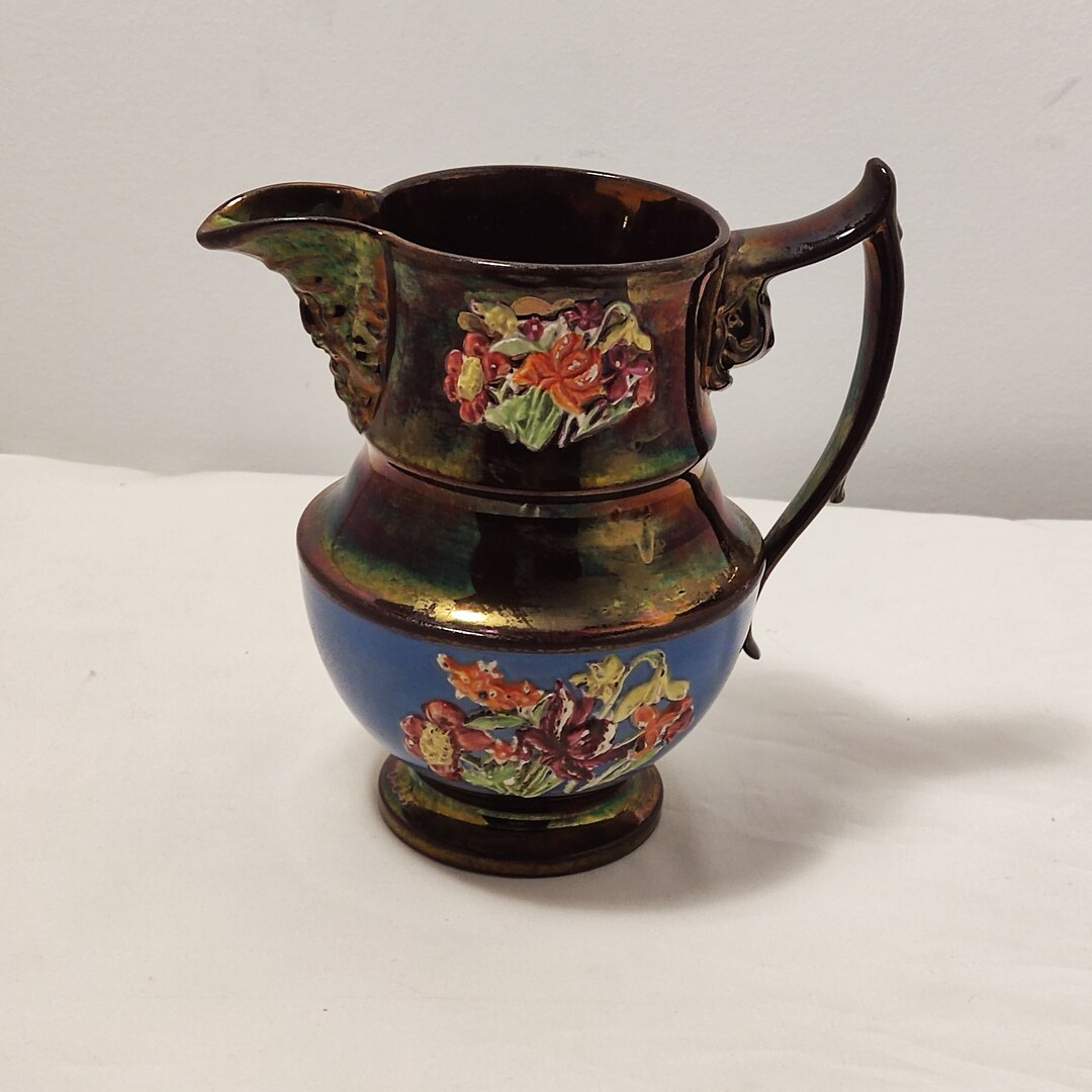 Vintage Copper Lustre Pitcher Features Raised Flowers ,collectible ...