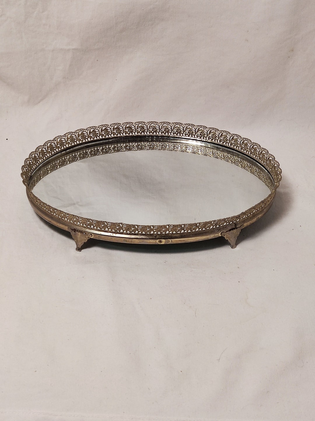 Vintage Oval Vanity Tray With Rose Design, Mirrored Base, Metal Frame ...