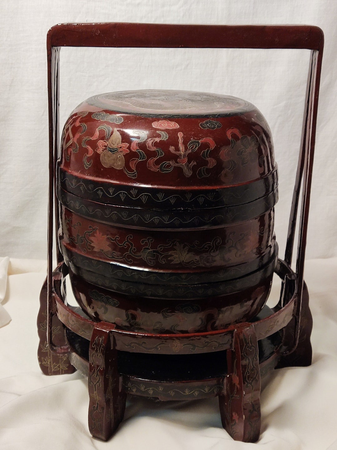 Vintage Chinese Hand-painted Lacquor Wooden Stacking-multi Layer Bento ...