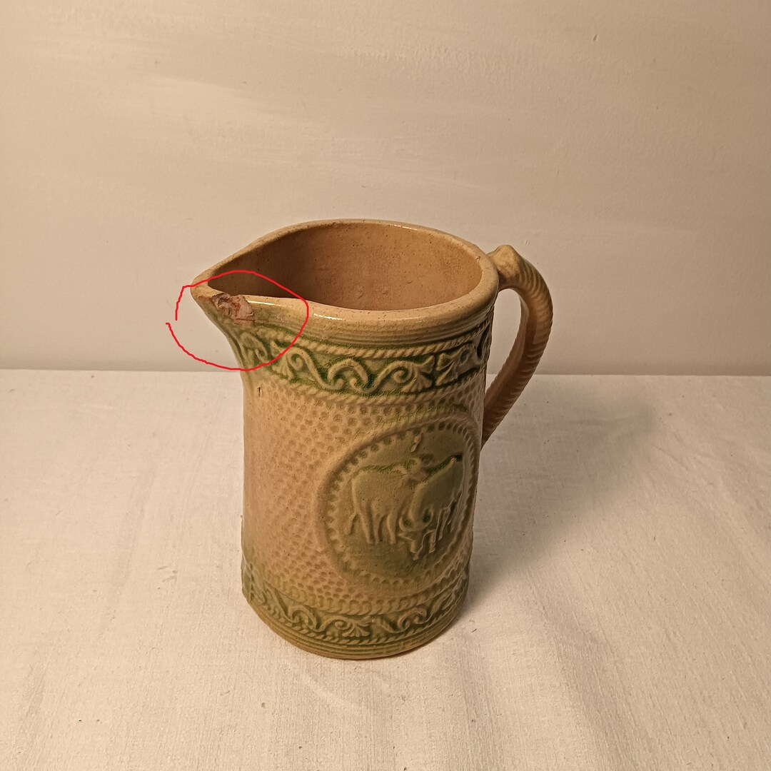 Vintage Large Ceramic Milk Pitcher/jug , Green and Tan Color, Cow ...