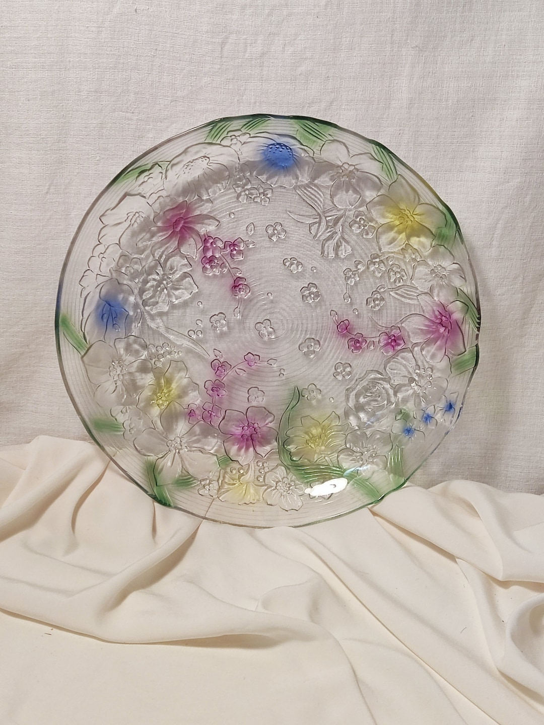 Vintage Large Glass Platter Features Festive Bouquet,multipurpose ...