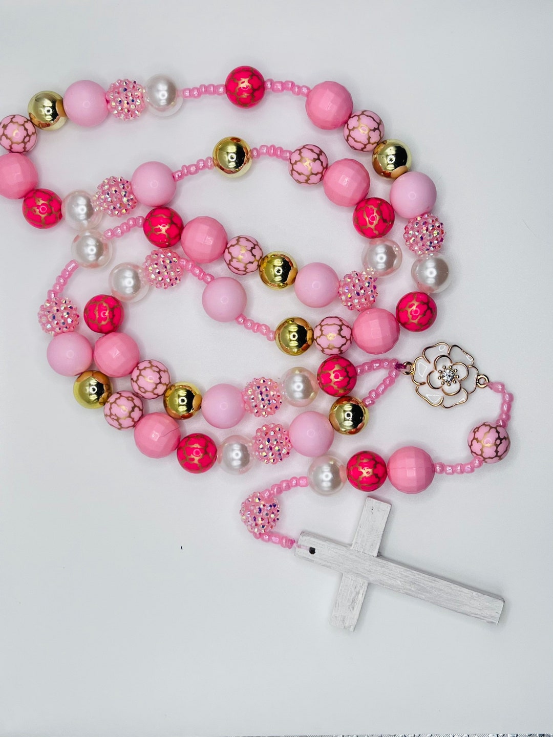 Giant Pink Mixed Bead Rosary With Flower Center - Etsy