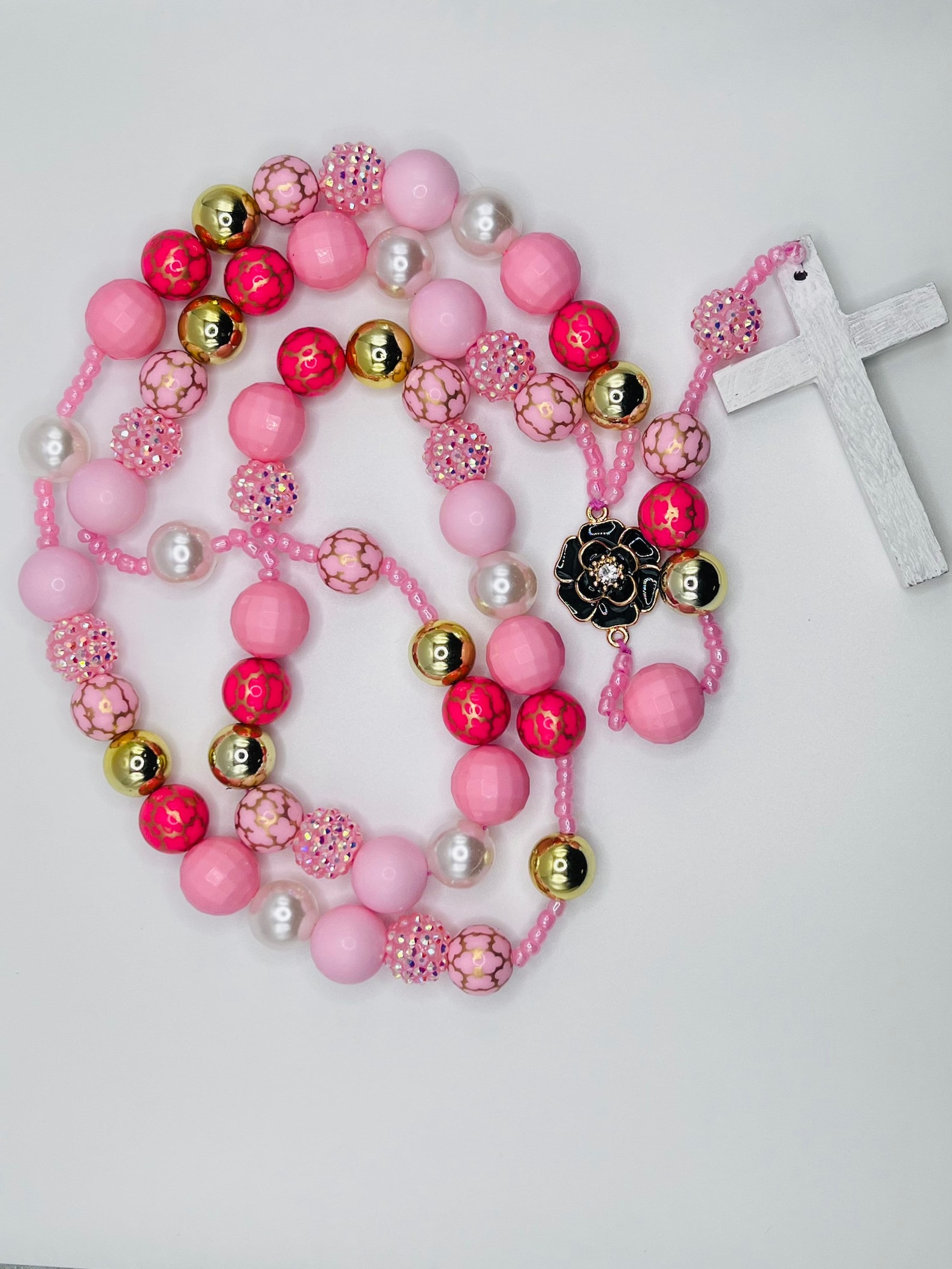 Giant Pink Mixed Bead Rosary With Flower Center - Etsy