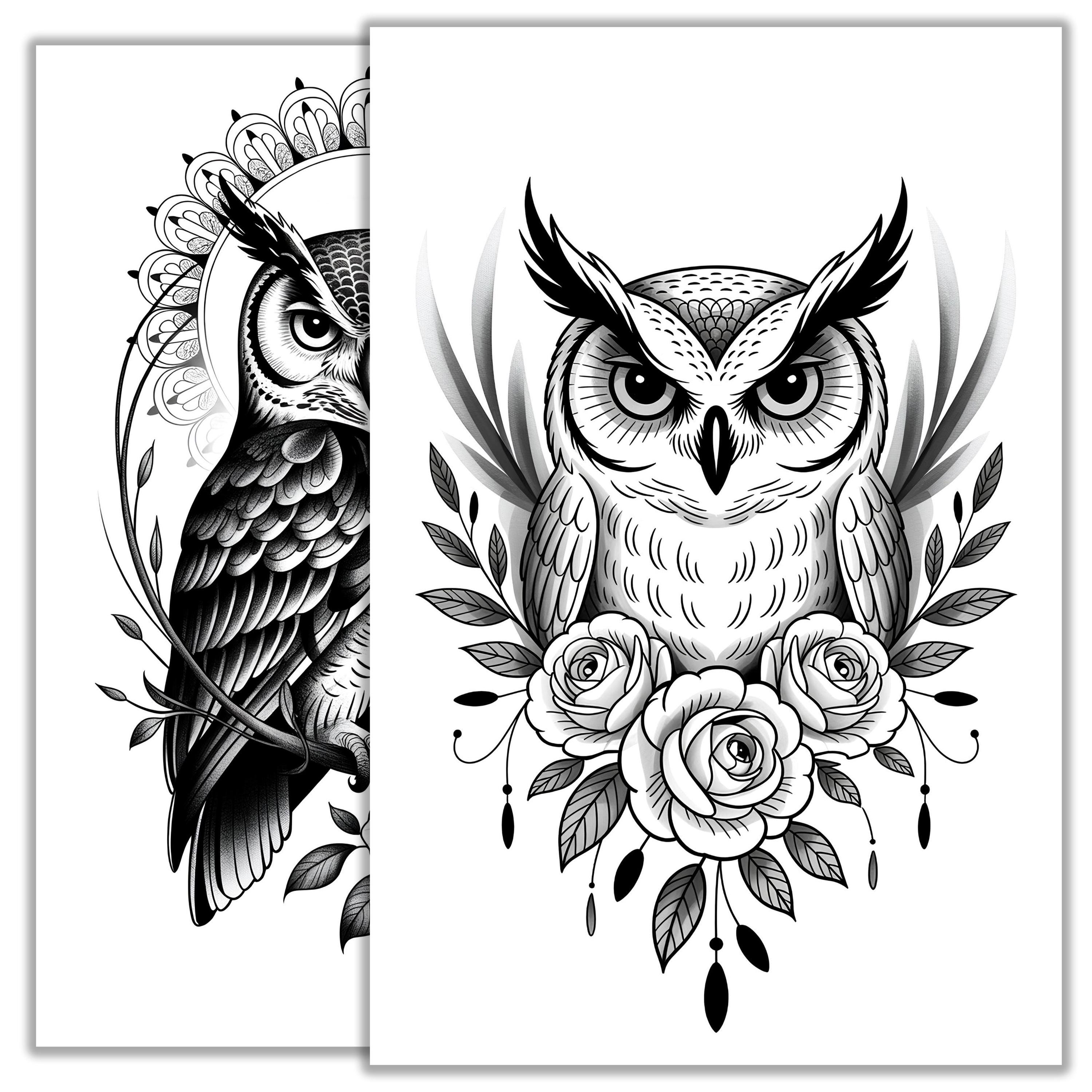 Owl Tattoo Sketch – Blackwork Line Art Design, Realistic Owl Flash ...