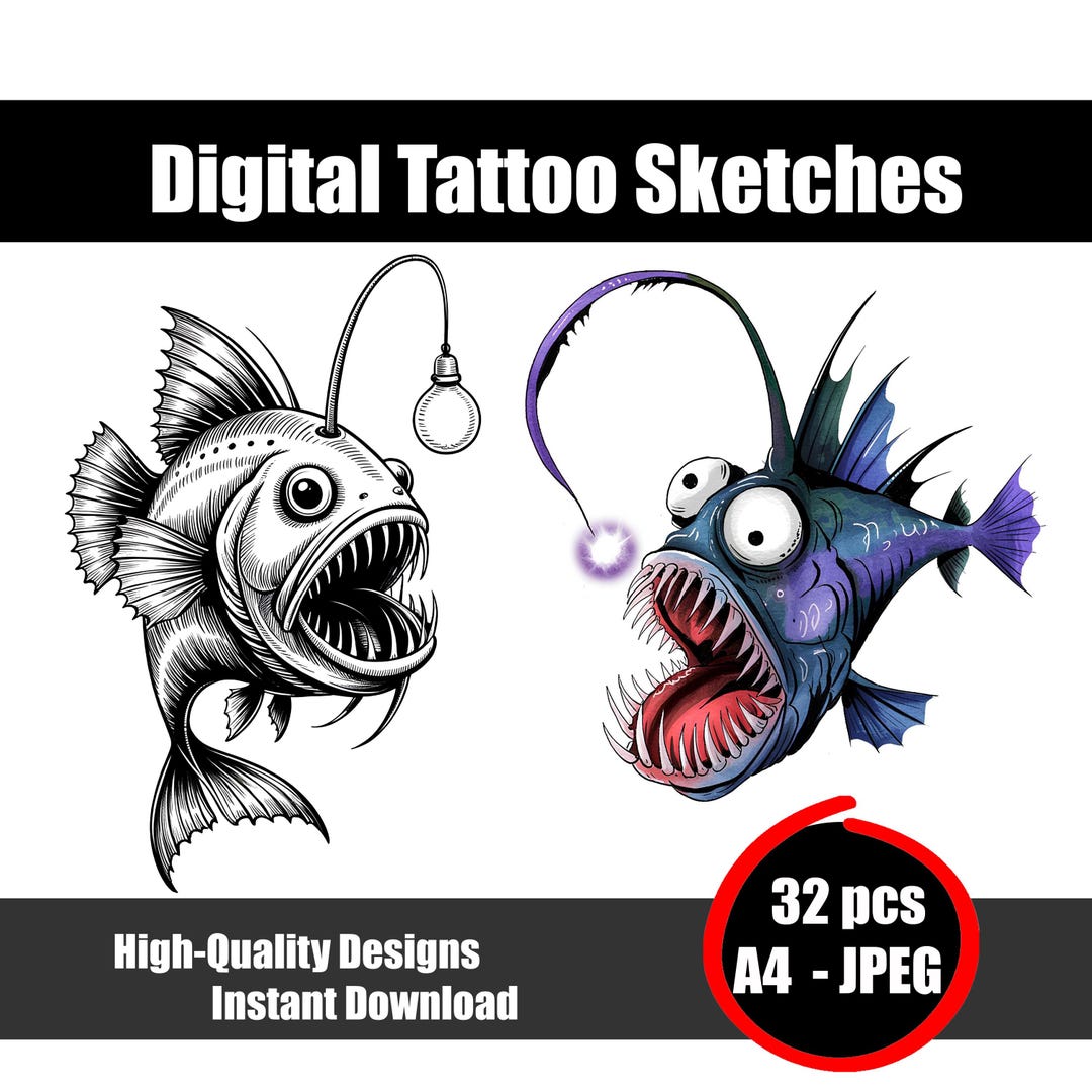 Anglerfish Tattoo Sketch – Minimalist Deep Sea Line Art, Unique Ocean ...