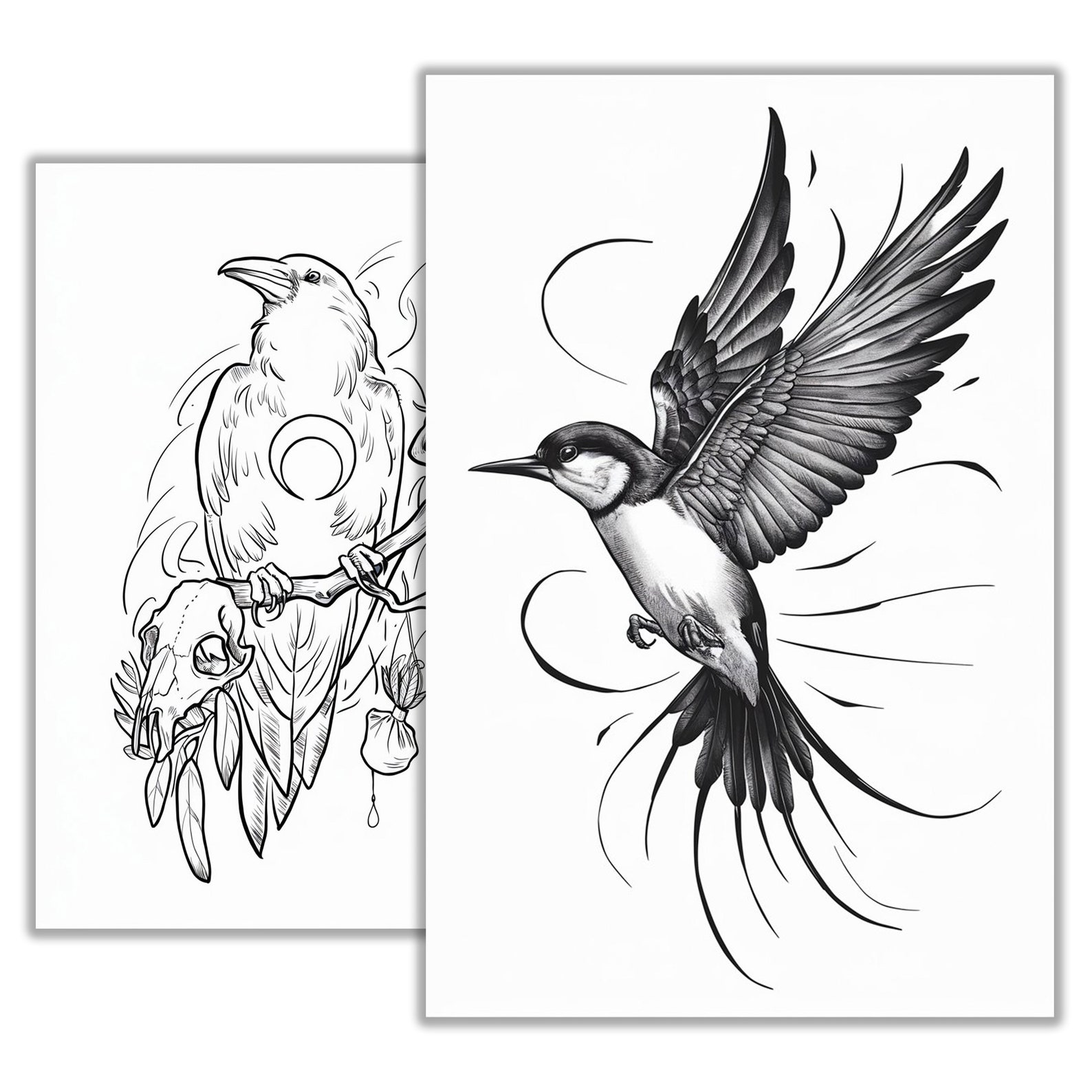 Bird Tattoo Sketch – Black and White Line Art, Minimalist Bird Flash ...