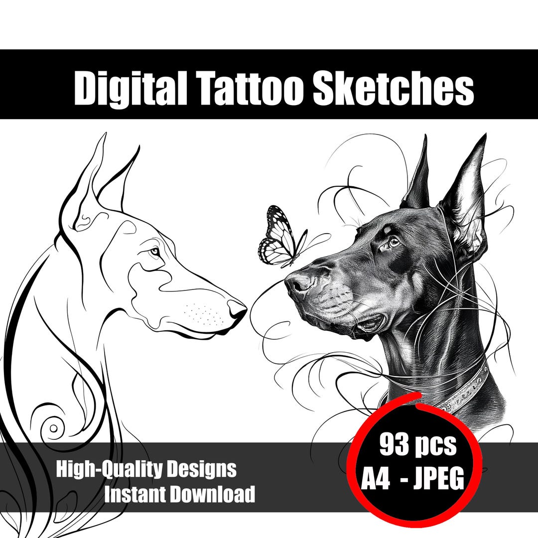 Doberman Tattoo Sketch – Dog Tattoo Design, Minimalist Line Art, Guard ...