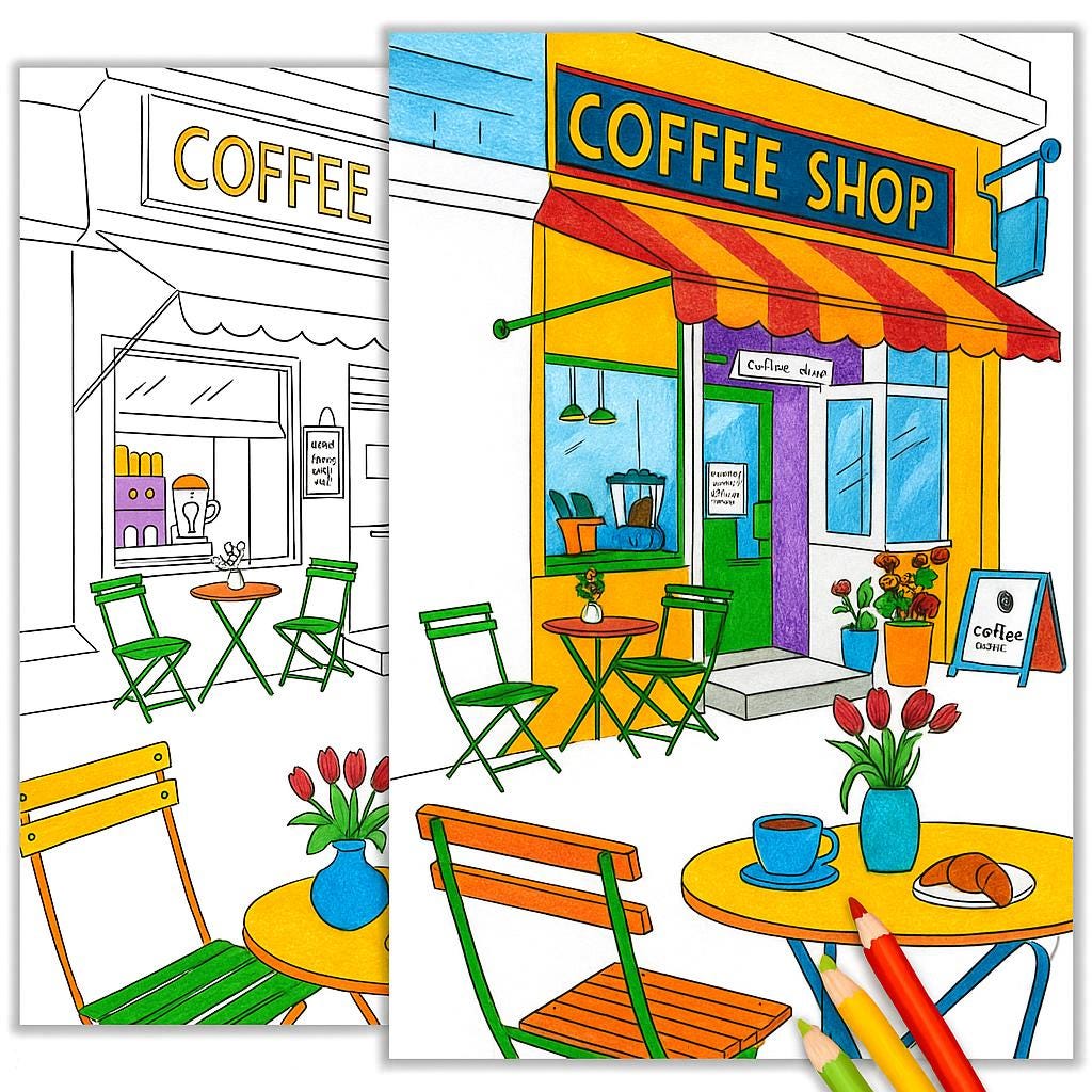 Coffee Shop Coloring Page – Cozy Printable Cafe Scene for Adults ...