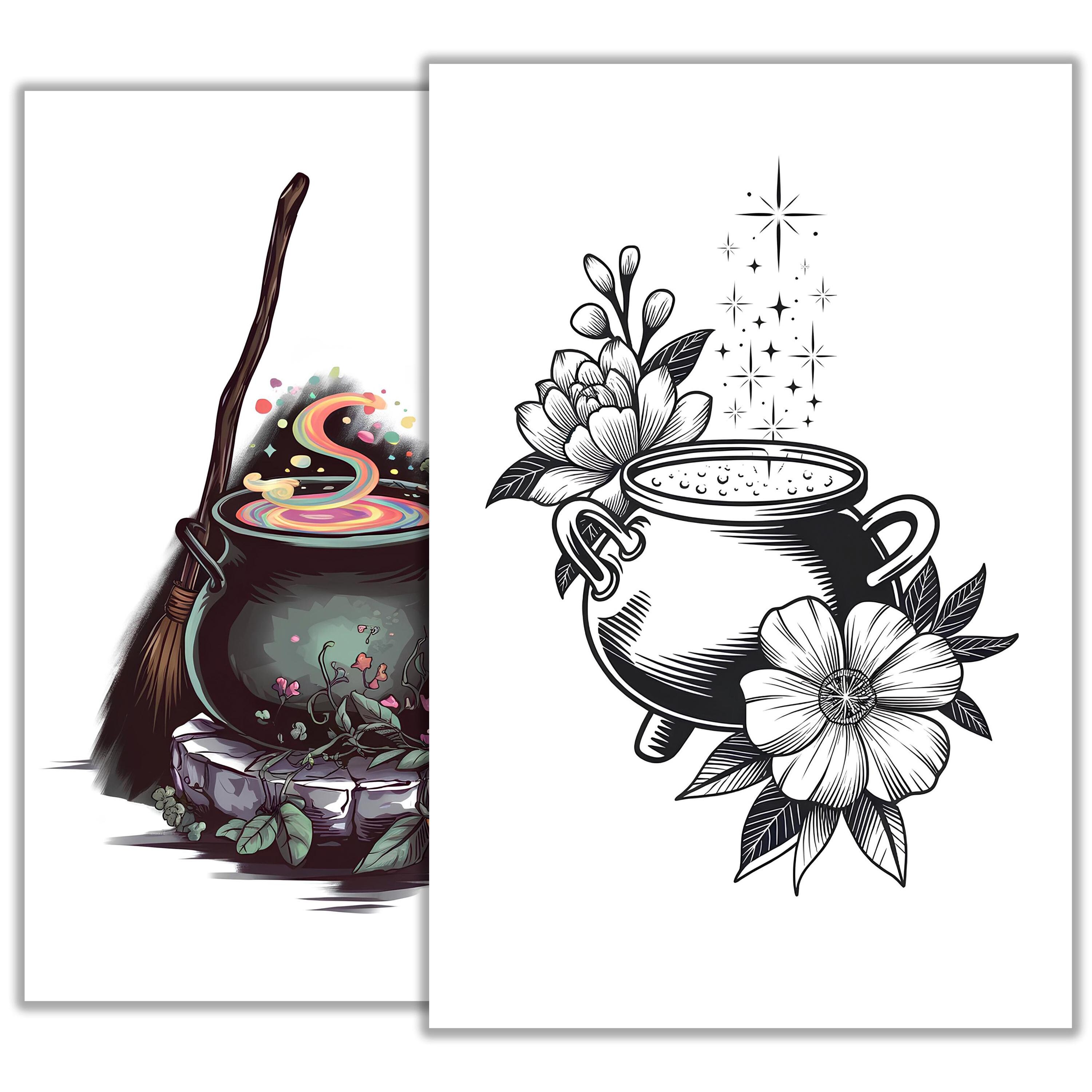 Witch Cauldron Tattoo Sketch – Magical Potion Pot Line Art, Blackwork ...