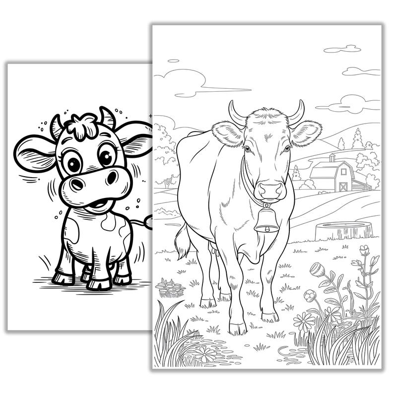 Cow Coloring Page - Farm Animal Printable Design - Cute Cow Line Art ...