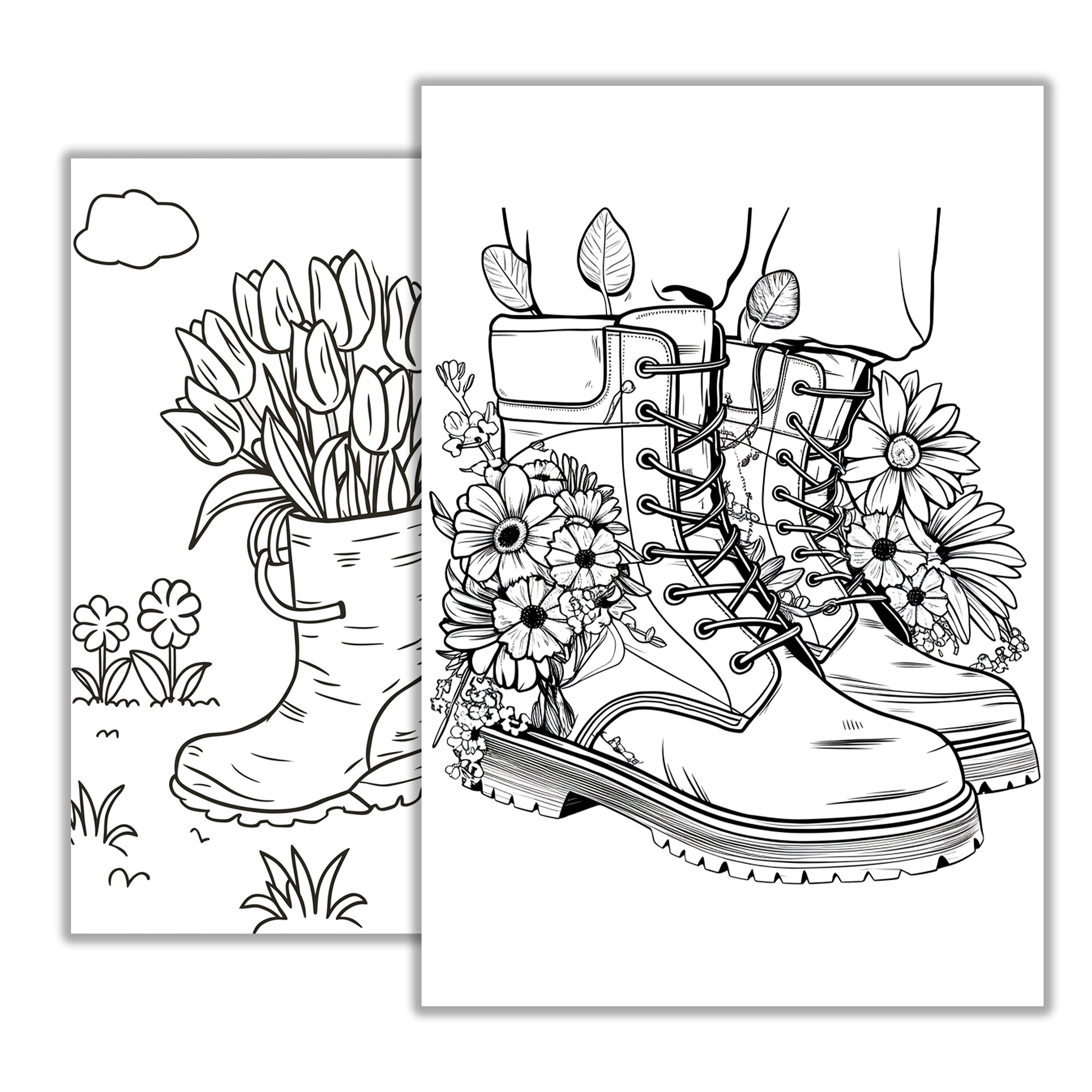 Flower in Boots Coloring Page – Printable Floral Art, Fun DIY Coloring ...