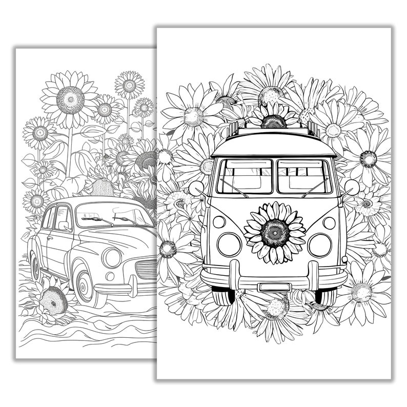 Car With Flowers Coloring Page – Printable Floral Vehicle Art for Kids ...